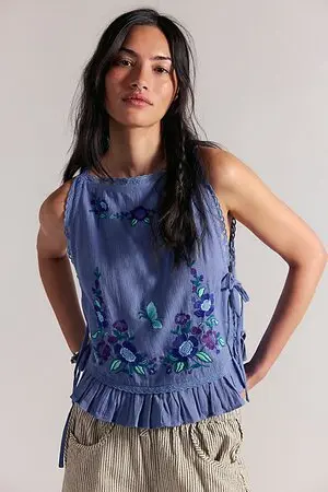 Free People Embroidered Ruffled Cotton Tank Top