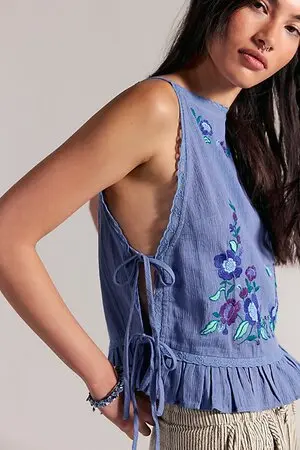 Free People Embroidered Ruffled Cotton Tank Top