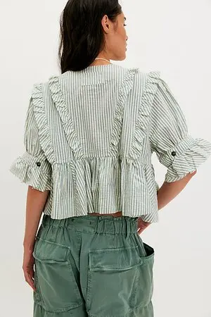 Free People Miley Cotton Cropped Top With Ruffle Details - Yellow Combo