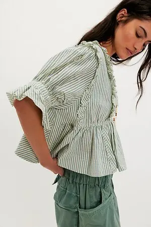Free People Miley Cotton Cropped Top With Ruffle Details - Yellow Combo