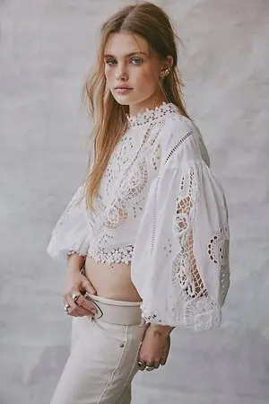 Free People Hannah Embroidered Cutwork Cropped Blouse