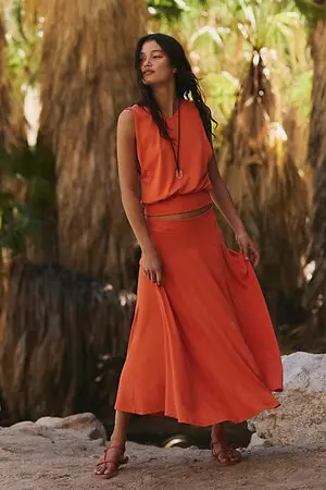 Free People Ribbed A-Line Maxi Skirt Set With V-Neck Tank Orangeade