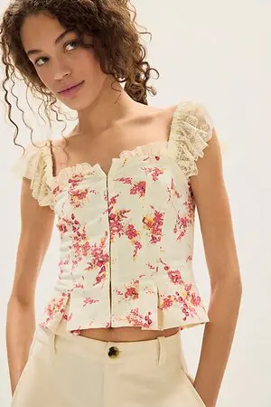 Free People Bonnie Lace Trim Floral Print Top - Tea Combo