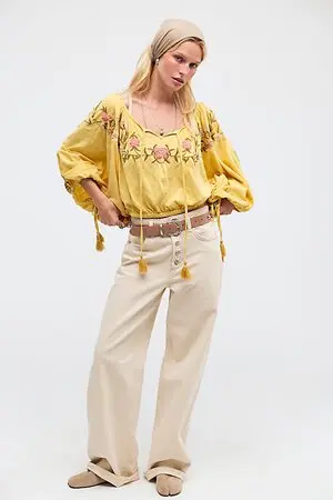 Free People Plumeria Embroidered Balloon Sleeve Top