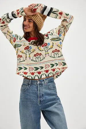 We The Free Waffle-knit Printed Long Sleeve Top - Corn