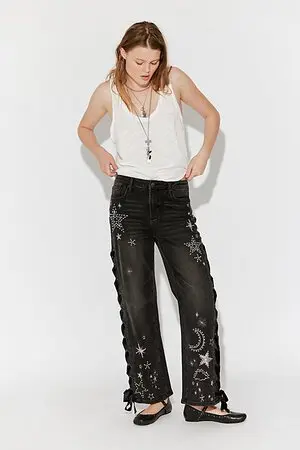 DRIFTWOOD Embellished Lace-up Straight Leg Jeans