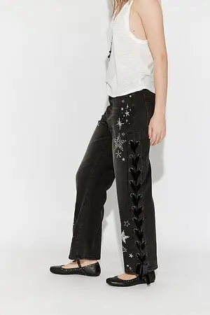 DRIFTWOOD Embellished Lace-up Straight Leg Jeans