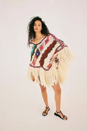 THE FARRA Tapiz Poncho Jacket With Fringe