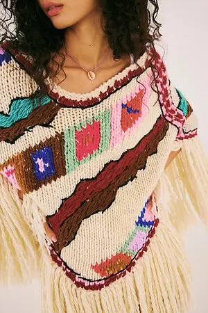 THE FARRA Tapiz Poncho Jacket With Fringe