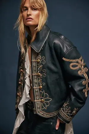 We The Free Lana Leather Band Jacket With Embroidery - Black