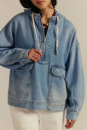 We The Free Casey Denim Pullover Jacket With Hood - Duster Blue