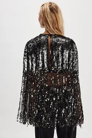 Free People All Night Long Sequin Cape With Fringe Trim - Black