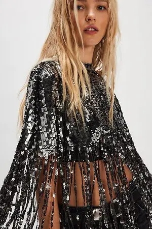 Free People All Night Long Sequin Cape With Fringe Trim - Black