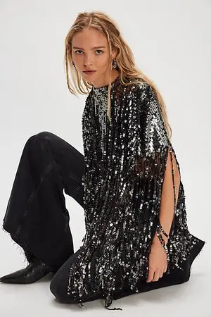 Free People All Night Long Sequin Cape With Fringe Trim - Black