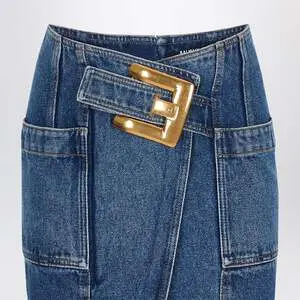 Balmain Belted Denim Midi Skirt With Gold-finish Buckle - Blue