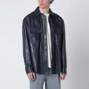 Loewe Oversized Navy Shirt In Leather And Cotton
