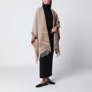 Max Mara Jacquard Poncho With Fringes In Sand-colored Wool - Beige