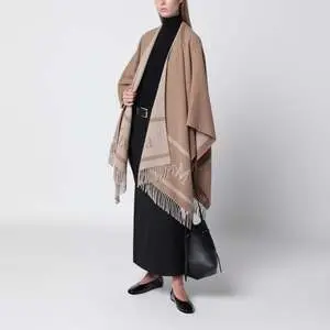Max Mara Jacquard Poncho With Fringes In Sand-colored Wool
