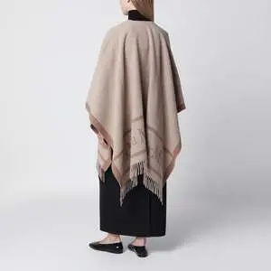 Max Mara Jacquard Poncho With Fringes In Sand-colored Wool