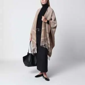 Max Mara Jacquard Poncho With Fringes In Sand-colored Wool