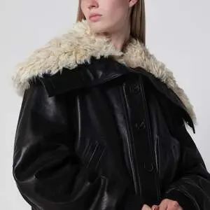 Attico Leather Bomber Jacket With Shearling Collar