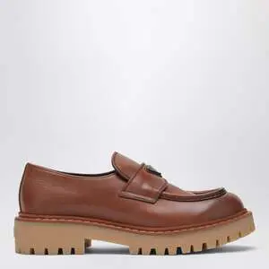 Prada Ebony Leather Loafers With Enamelled Triangle Logo