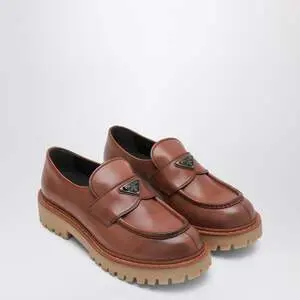 Prada Ebony Leather Loafers With Enamelled Triangle Logo