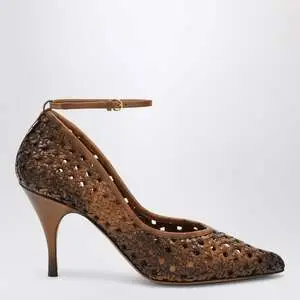 Miu Miu Cognac Woven Leather Pumps With Adjustable Ankle Strap