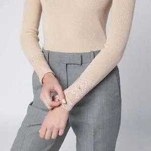 Valentino Garavani Alabaster Cashmere Sweater With Lace-embroidered Cuffs