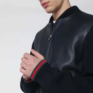 Gucci Navy Nappa Leather And Knit Bomber Jacket