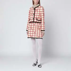 Valentino Garavani Ivory Wool And Cotton-blend Skirt With Check Vlogo Pattern