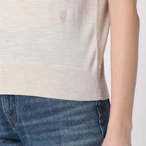 Burberry Beige Wool Crew Neck Sweater With Embroidered Logo And Slit Detail