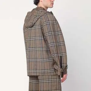 Burberry Silk Blend Check Pattern Hooded Half-zip Jacket