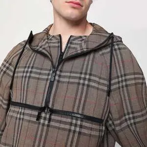 Burberry Silk Blend Check Pattern Hooded Half-zip Jacket