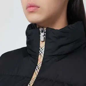 Burberry Zip-up Puffer Jacket With Check Detail - Black