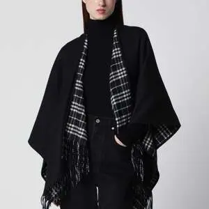 Burberry Reversible Wool Cape With Fringes - Black