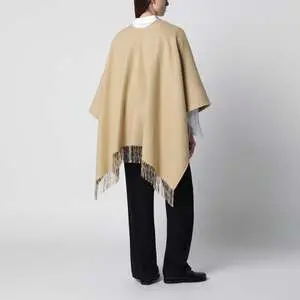 Burberry Reversible Wool Check Cape With Fringes In Sand - Beige