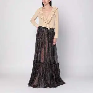 Saint Laurent Ruffled V-neck Silk Blouse - Beige
