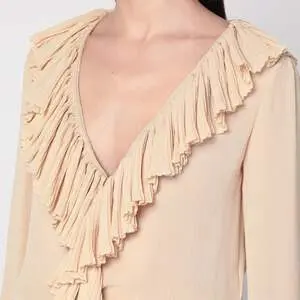 Saint Laurent Ruffled V-neck Silk Blouse - Beige