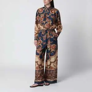 Zimmermann Aster Navy Jacobean Printed Silk Trousers - Multicolor