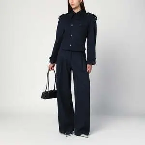 Alexander McQueen Navy Wool Wide Leg Trousers