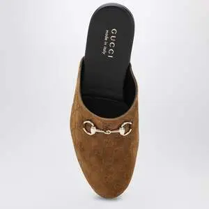 Gucci Suede Sabot With Gg Embroidery And Horsebit Detail