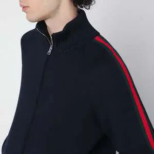 Gucci Dark Wool Zip-up Cardigan With Web Stripe