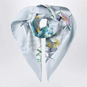 Gucci Silk Twill Scarf With Flora Print - Grey