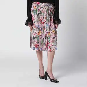 Gucci Flora Print Pleated Silk Midi Skirt