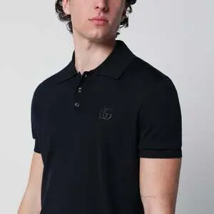 Gucci Dark Wool Knit Polo With Gg Embroidery
