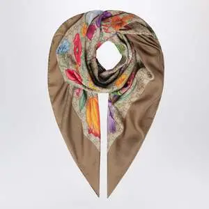 Gucci Wool And Silk Shawl With Flora And Gg Print In Shell
