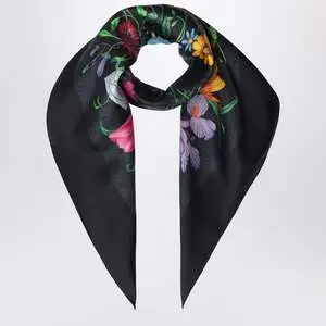 Gucci Silk Twill Carré With Gg Flora Print - Black
