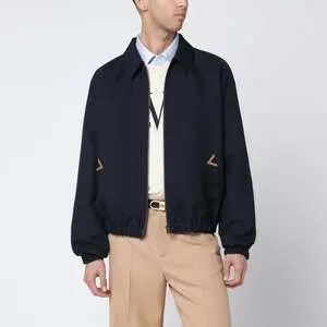 Valentino Garavani Navy Wool Blend Bomber Jacket With Vgold Pockets