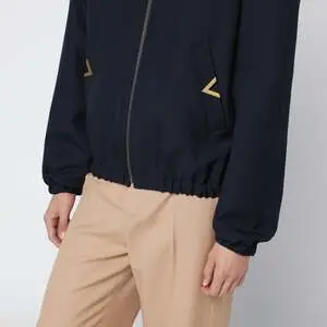 Valentino Garavani Navy Wool Blend Bomber Jacket With Vgold Pockets
